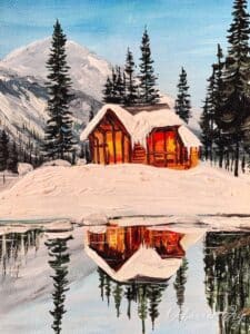 Snowy Winter Cabin Reflection Painting - Step By Step Tutorial