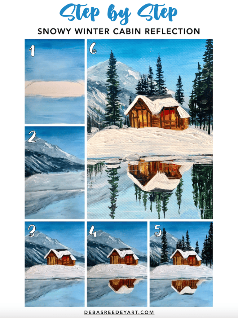 Snowy Winter Cabin Reflection Painting - Step By Step Tutorial