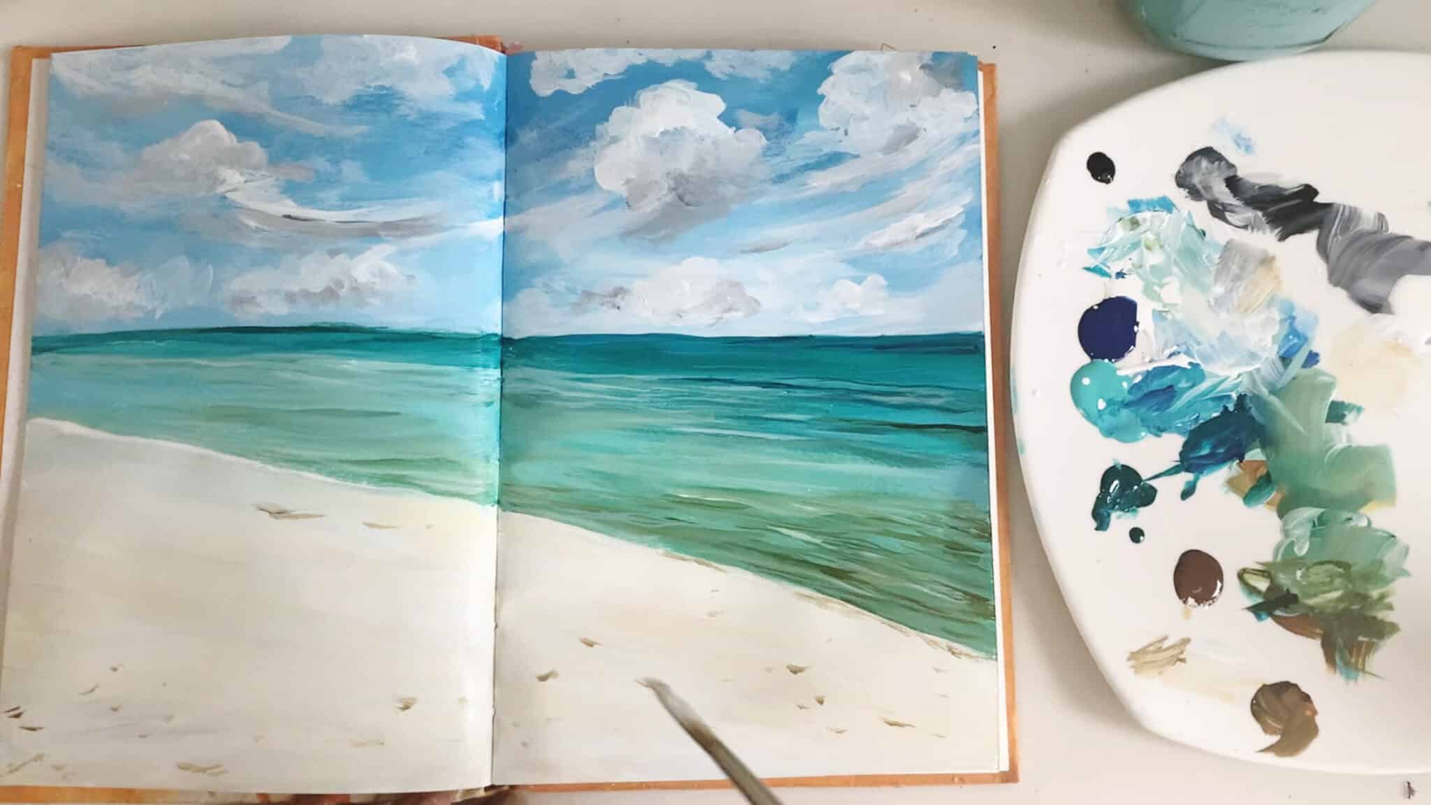 Bench on beach - Seascape painting in sketchbook - Debasree Dey Art