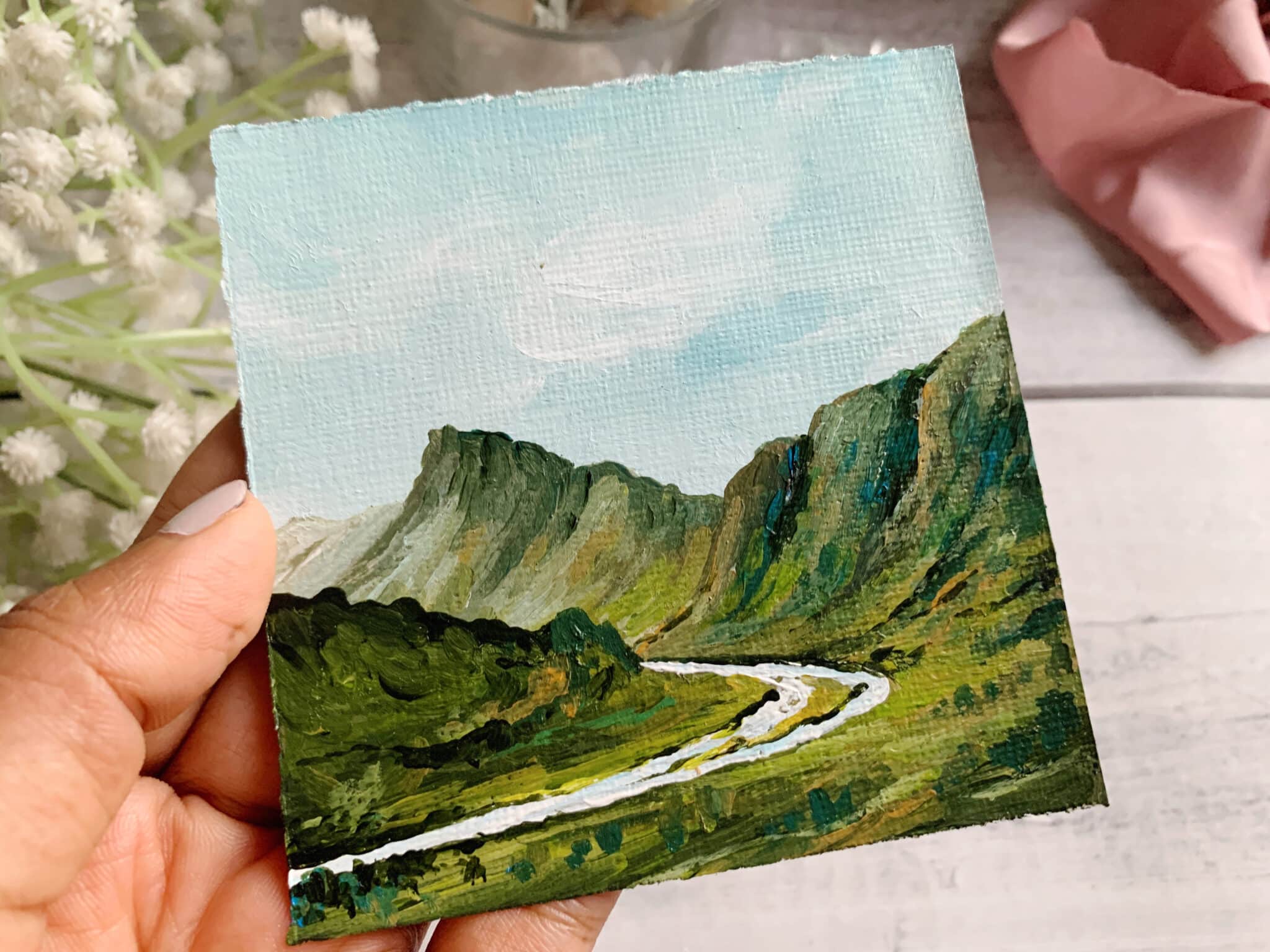 Mountain Valley Stream painting- Abstract Landscape - Debasree Dey Art