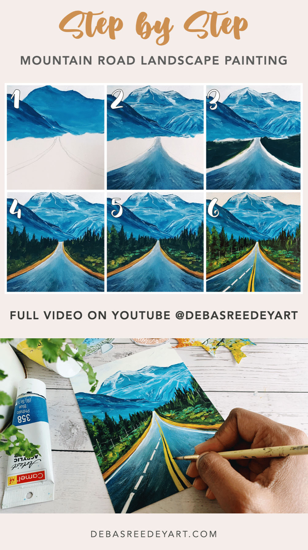 Mountain road painting - Acrylic landscape Step by step - Debasree Dey Art