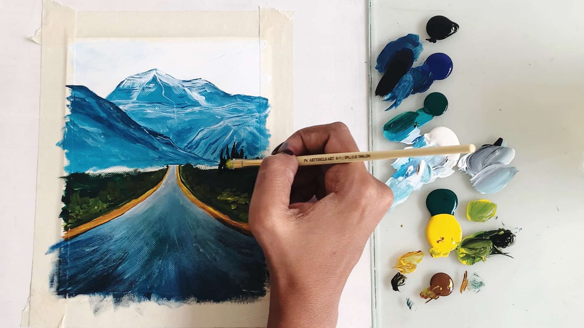 Mountain road painting - Acrylic landscape Step by step - Debasree Dey Art