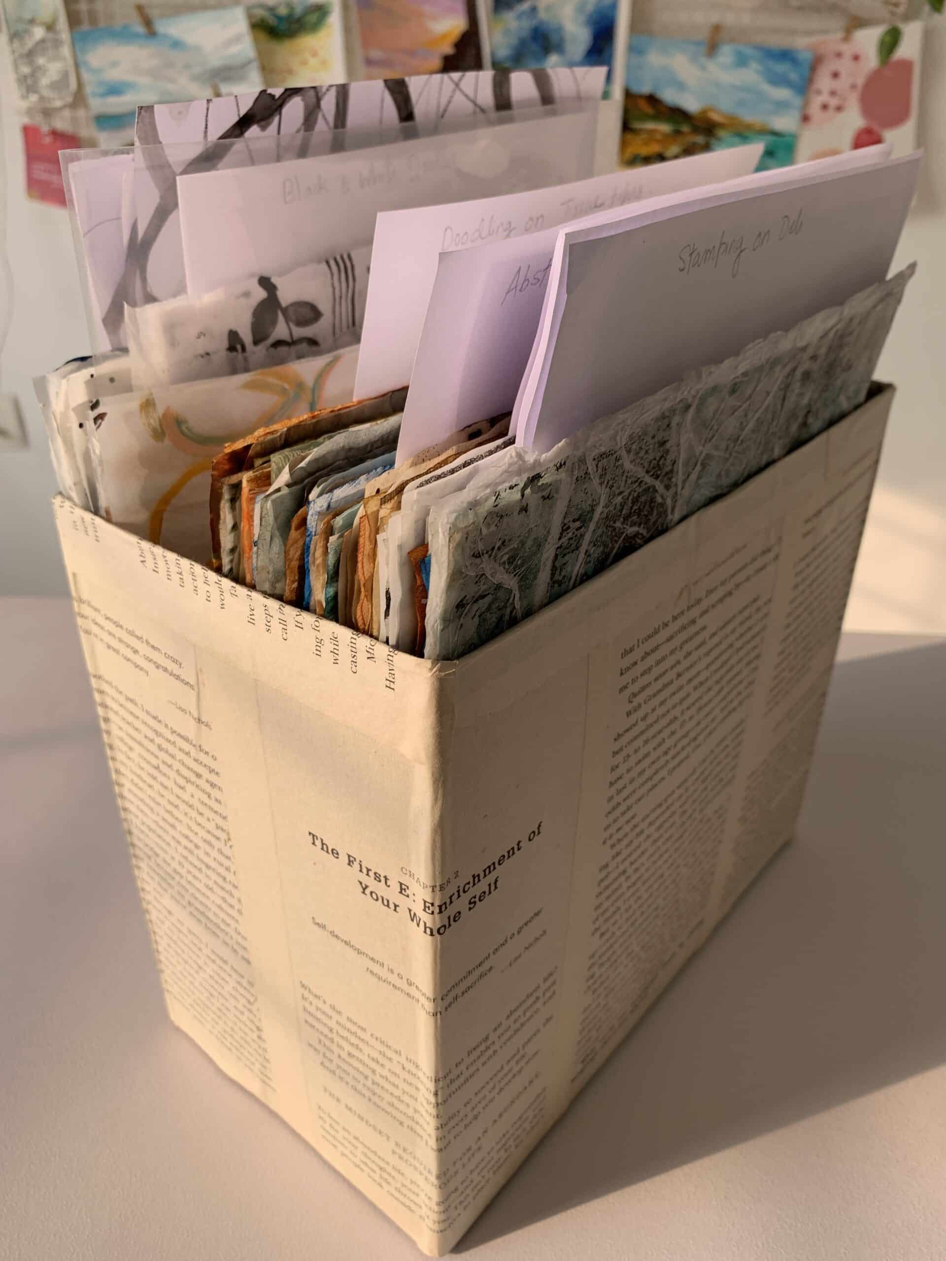 Cardboard box storage for mixed media collage papers - Debasree Dey Art