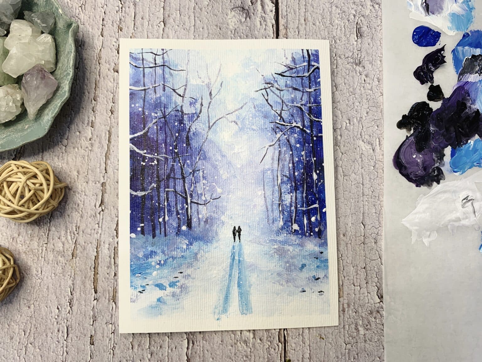 Easy Winter landscape painting with couple walking in snowfall ...