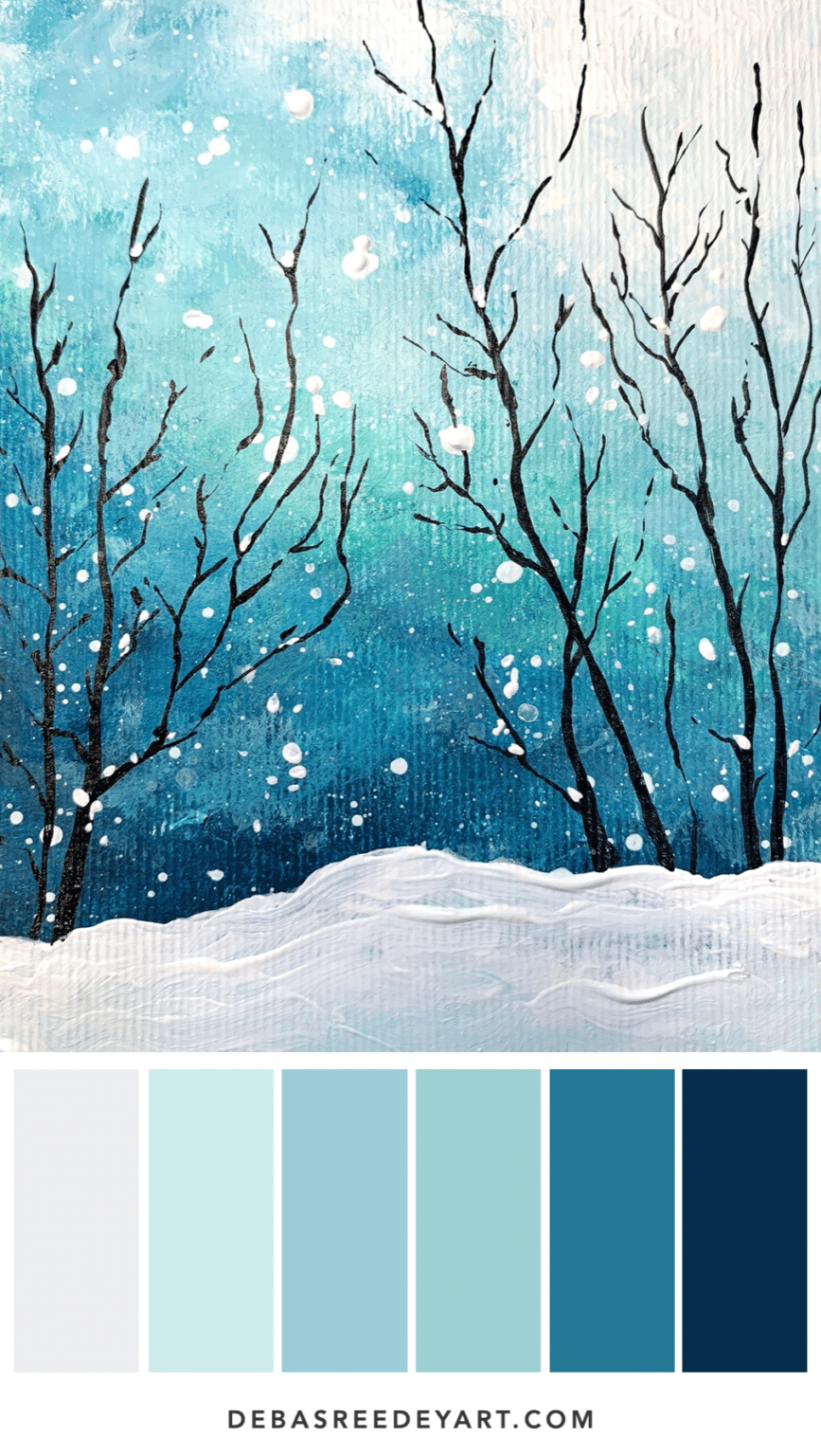 Paint an easy winter painting with snowfall - Debasree Dey Art