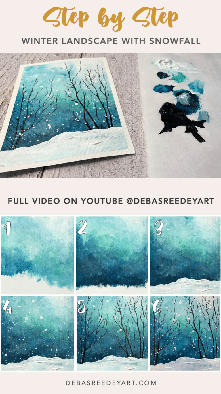 Paint an easy winter painting with snowfall - Debasree Dey Art