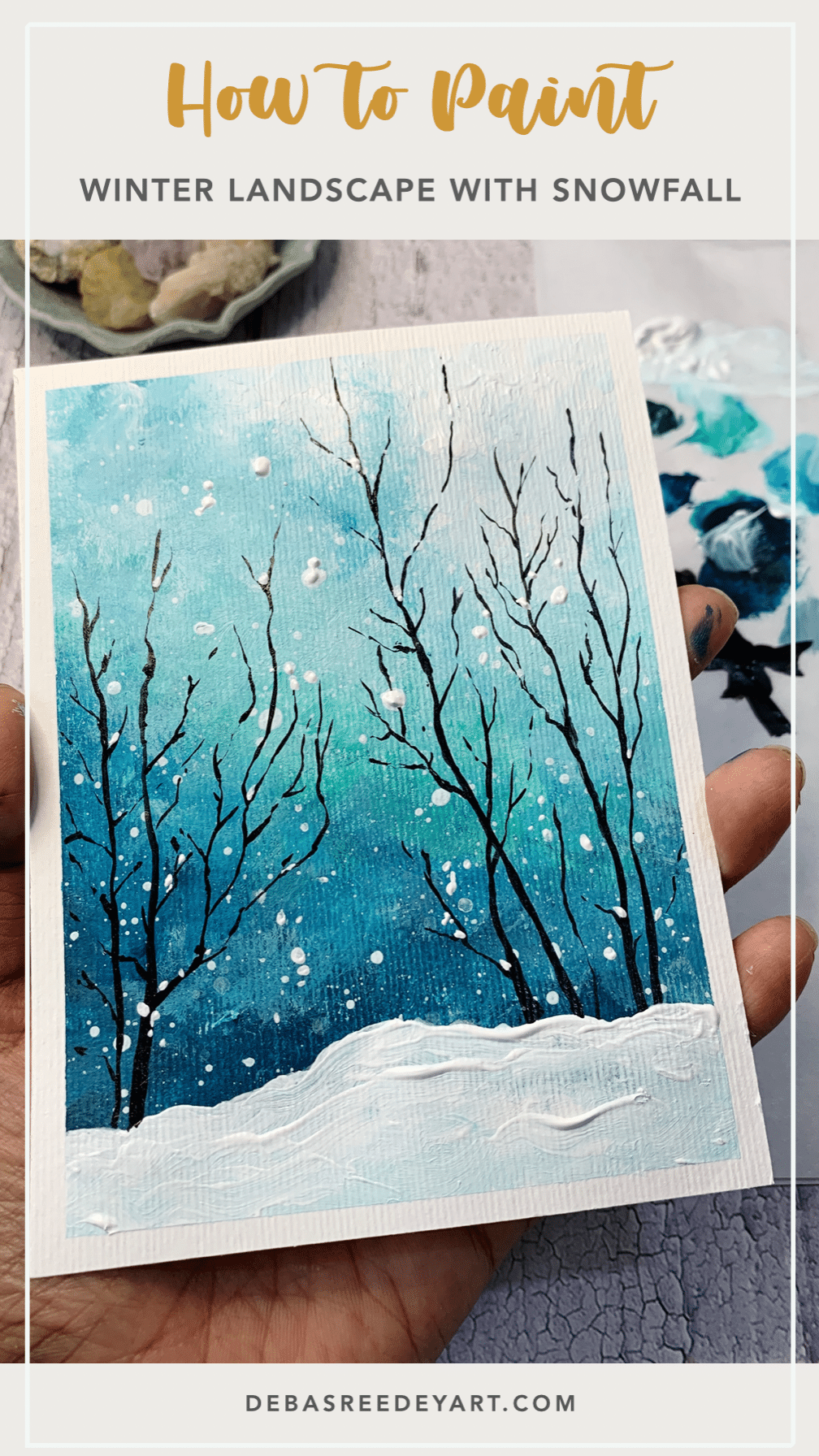 Paint an easy winter painting with snowfall - Debasree Dey Art