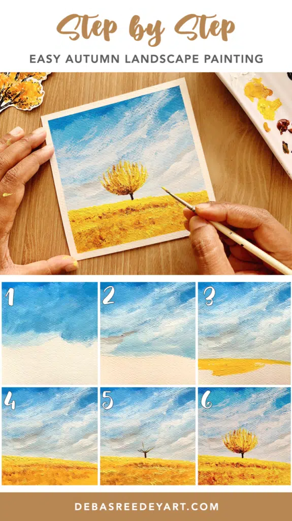 How to paint an Easy Autumn Tree Landscape in 10 easy steps - Debasree Dey Art