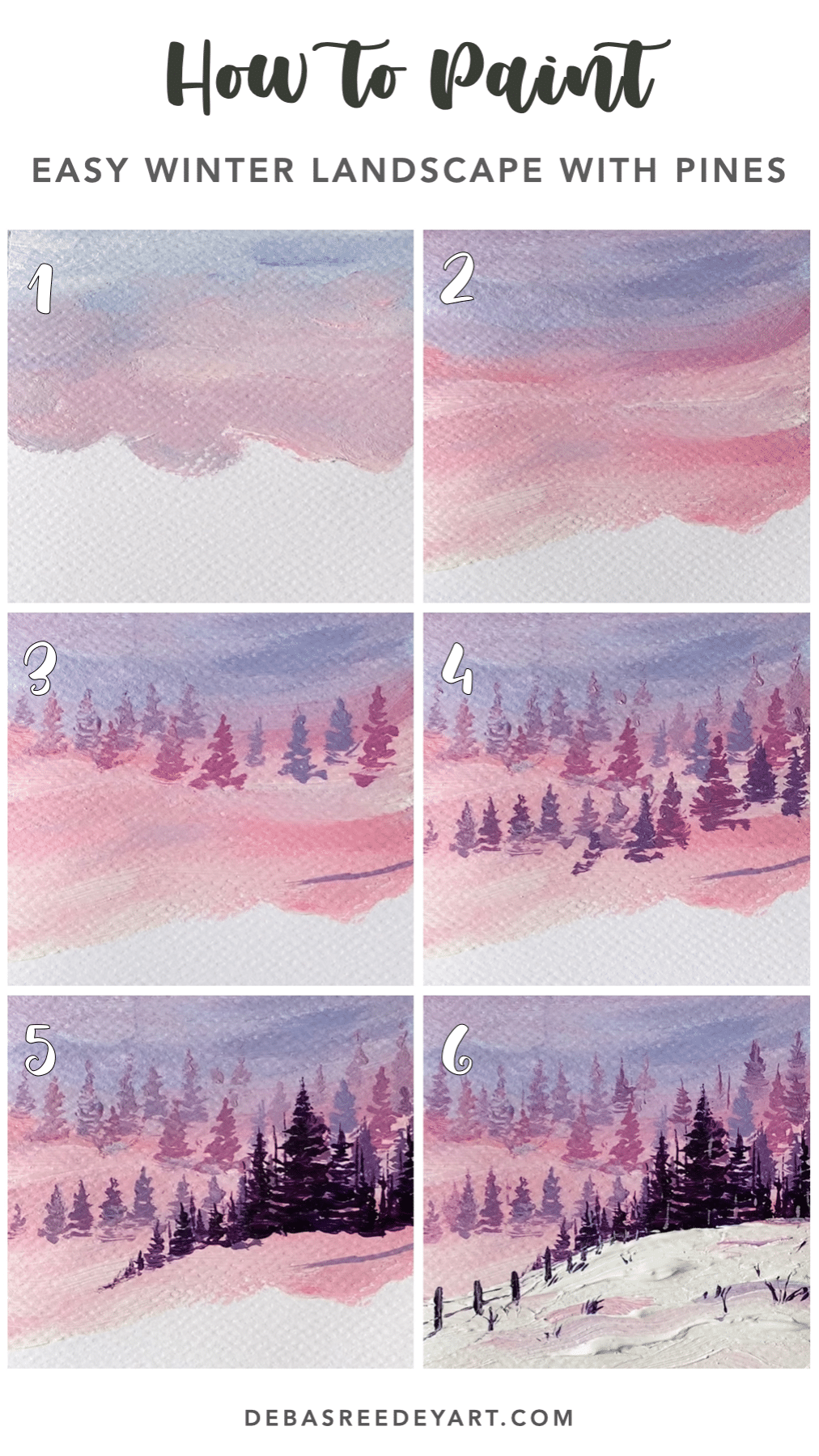 Easy Winter Landscape with Snowy Pine Trees in 10 easy steps - Debasree ...