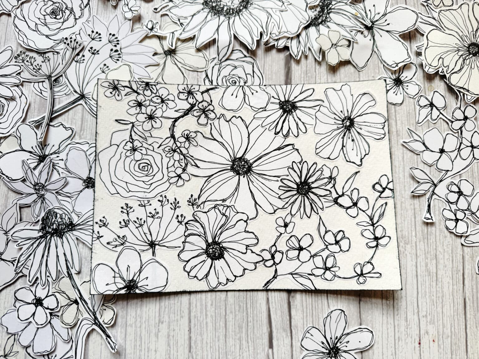 Black-and-White Floral Line Art with Messy Flower Doodles - Debasree ...