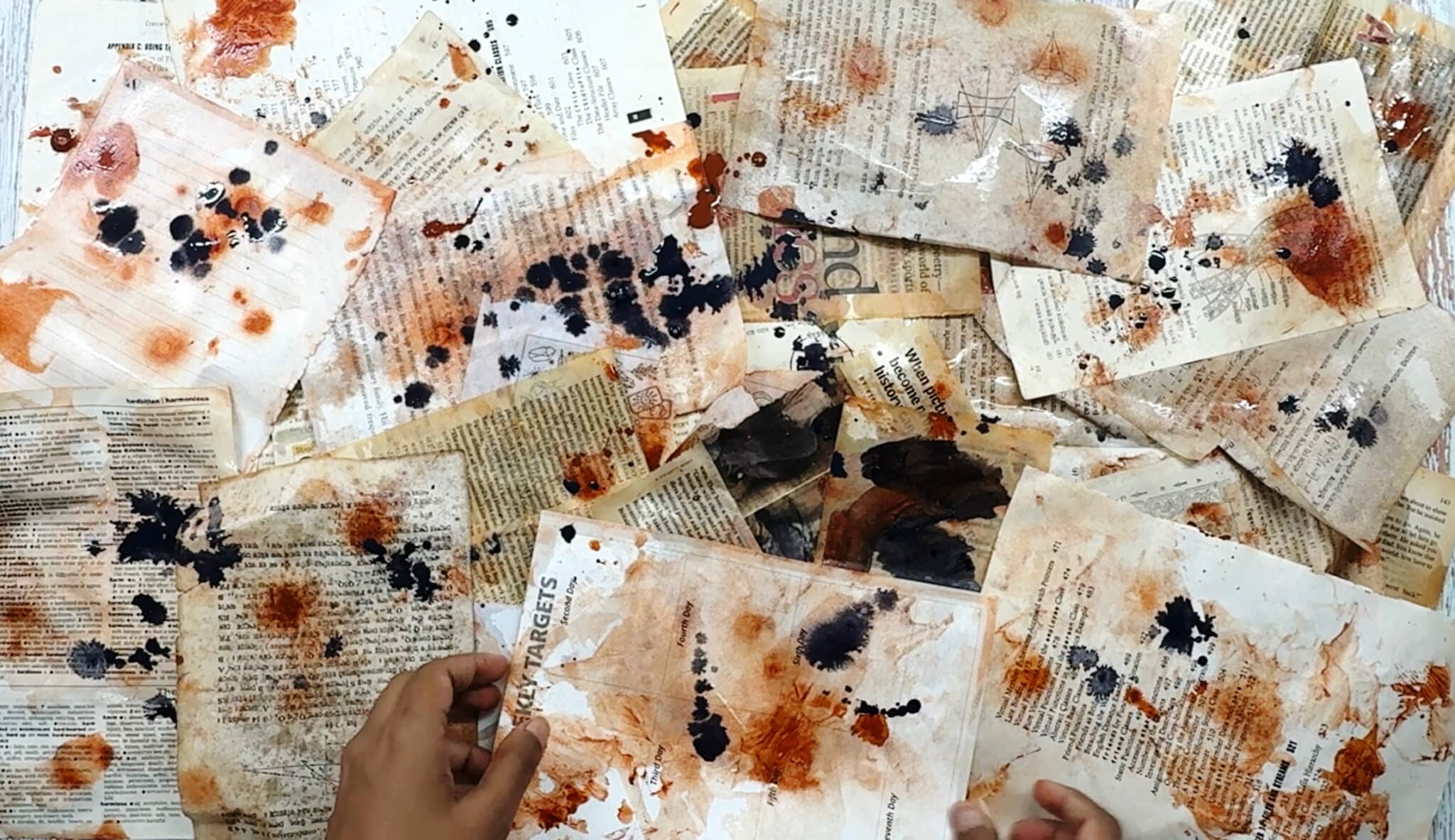 Inky Collage Papers from Old Book Pages - Acrylic Dyeing - Debasree Dey Art