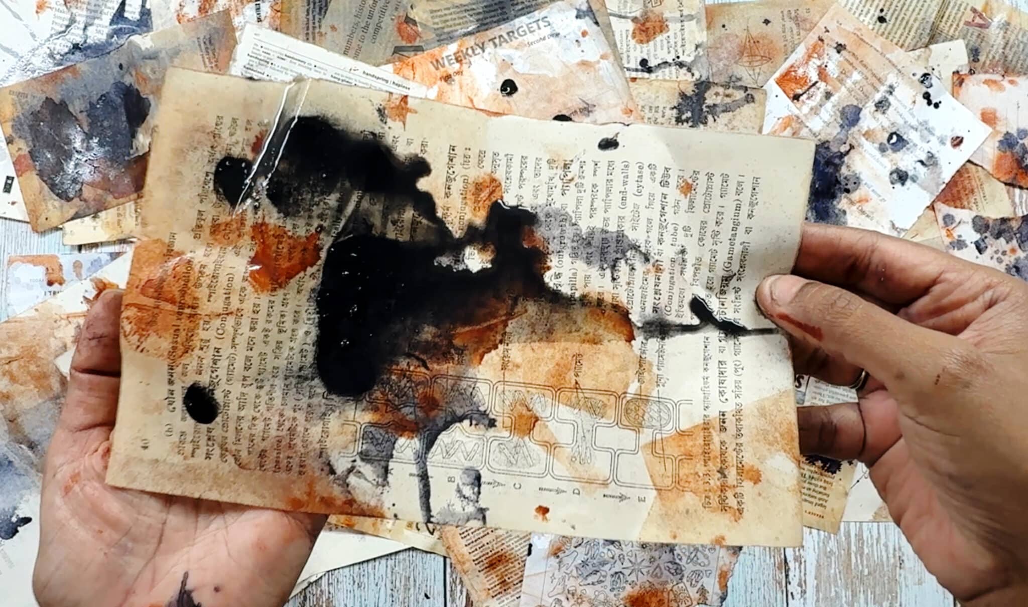 Inky Collage Papers from Old Book Pages - Acrylic Dyeing - Debasree Dey Art