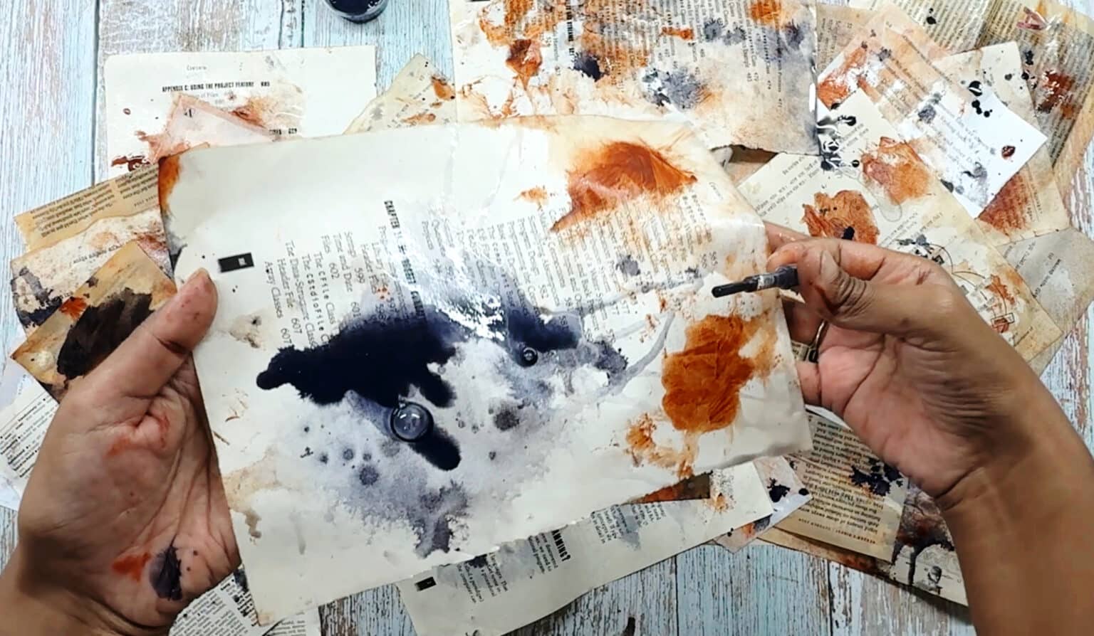 Inky Collage Papers from Old Book Pages - Acrylic Dyeing - Debasree Dey Art