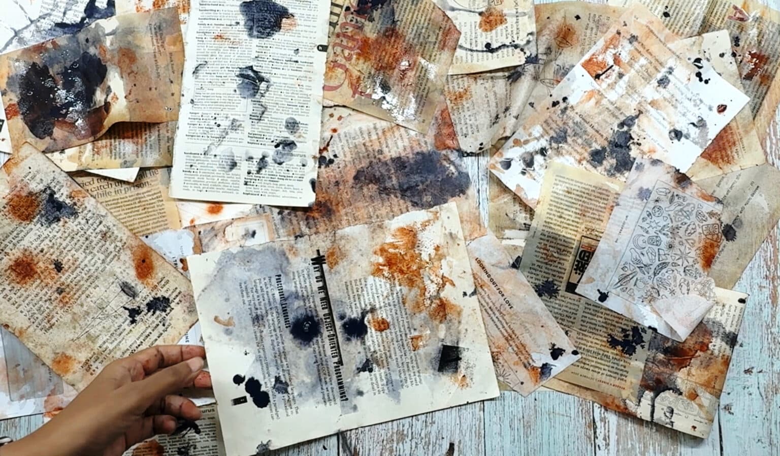 Inky Collage Papers from Old Book Pages - Acrylic Dyeing - Debasree Dey Art