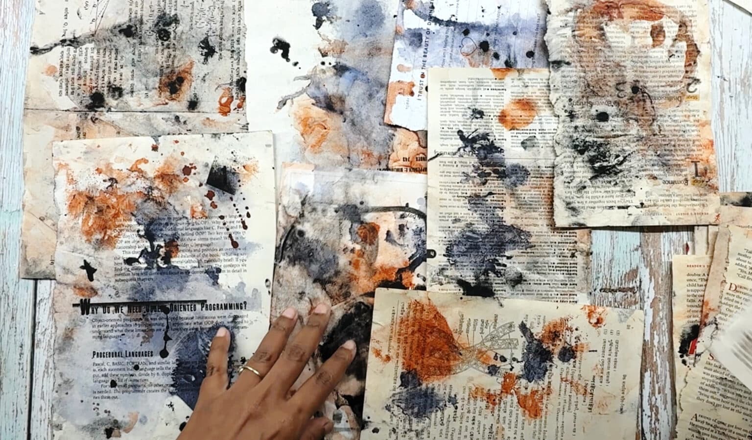 Inky Collage Papers from Old Book Pages - Acrylic Dyeing - Debasree Dey Art