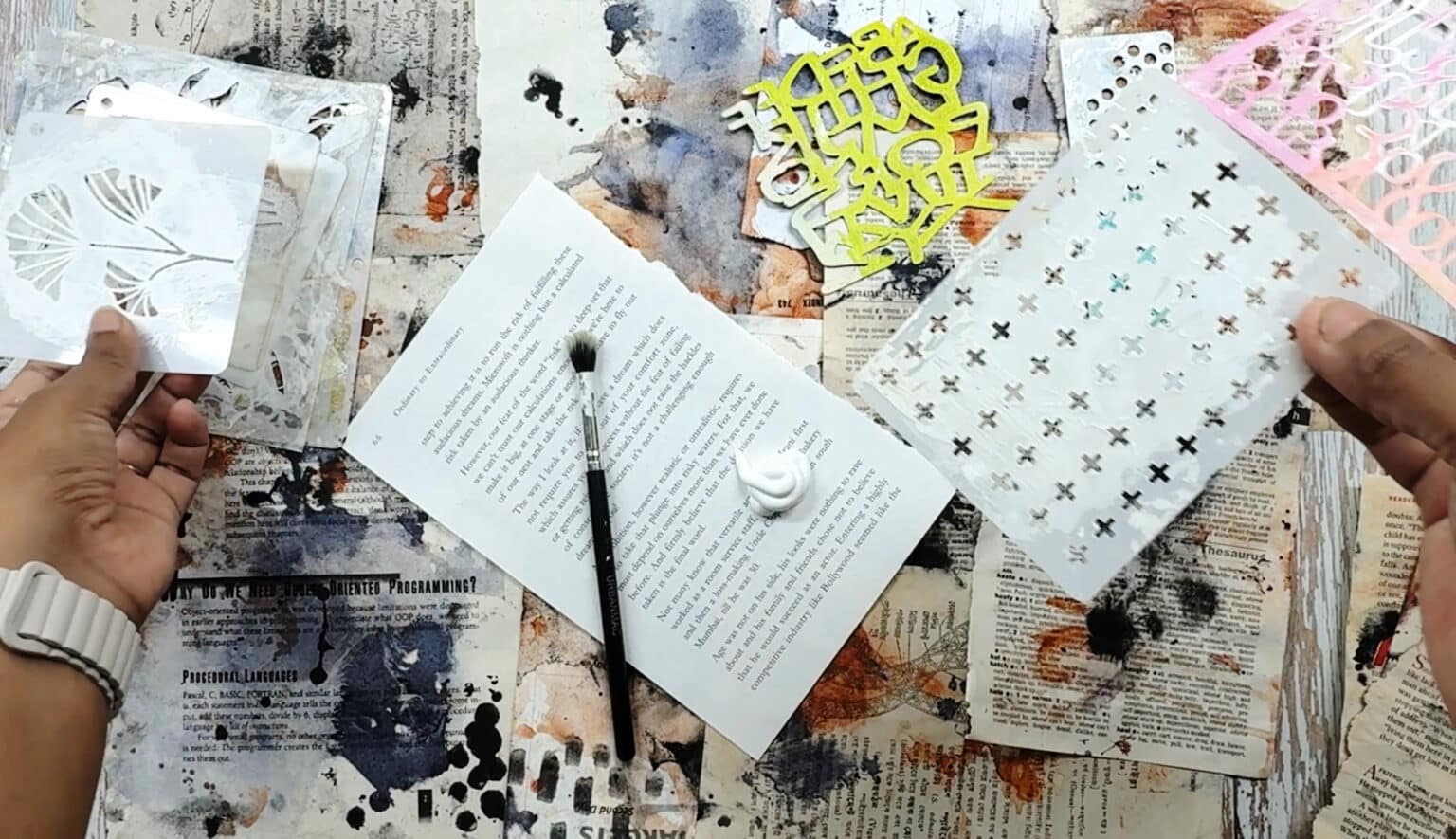 Inky Collage Papers from Old Book Pages - Acrylic Dyeing - Debasree Dey Art