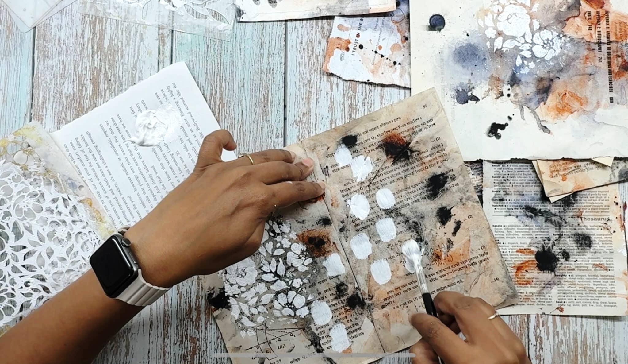 Inky Collage Papers from Old Book Pages - Acrylic Dyeing - Debasree Dey Art