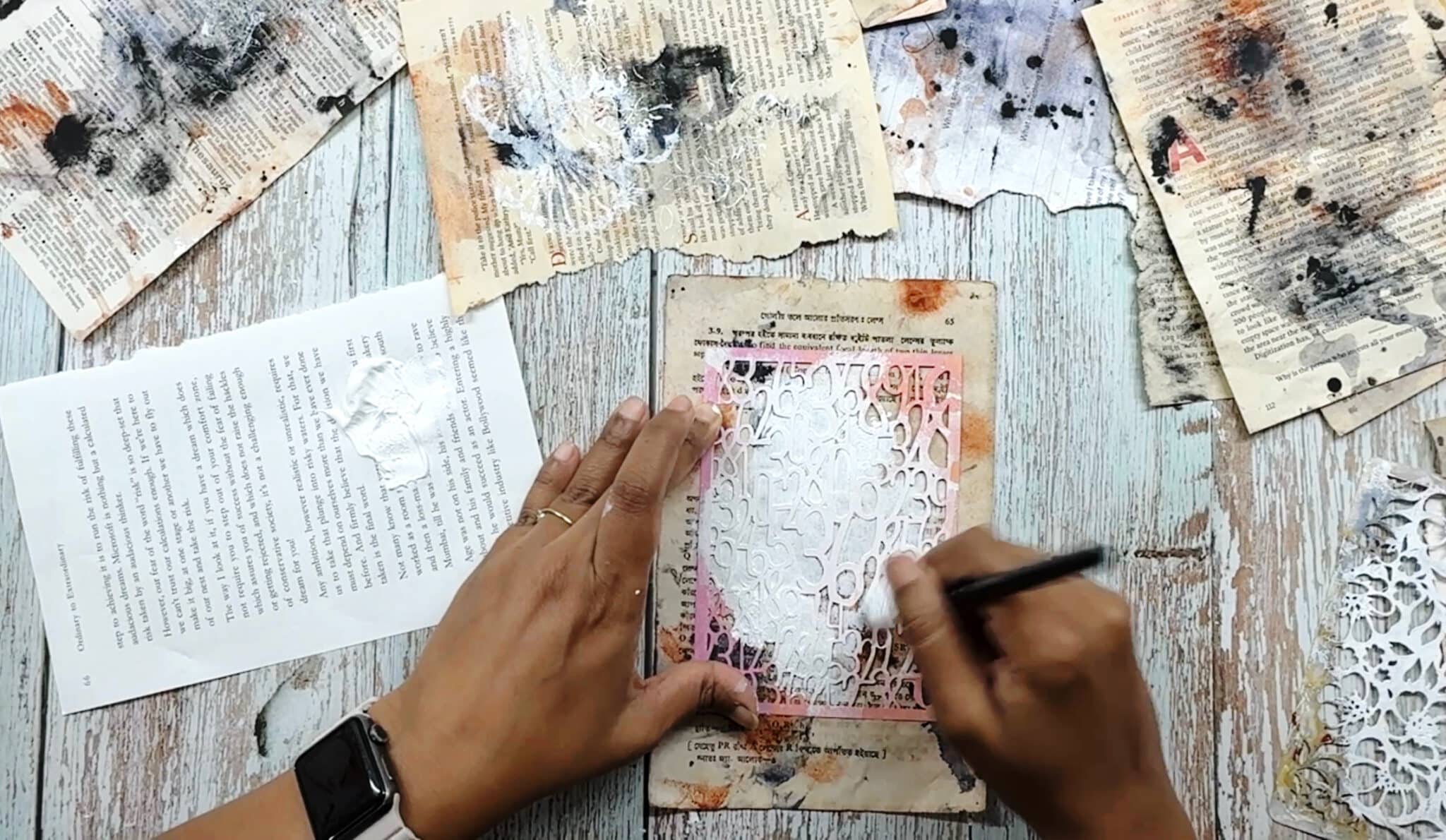 Inky Collage Papers from Old Book Pages - Acrylic Dyeing - Debasree Dey Art