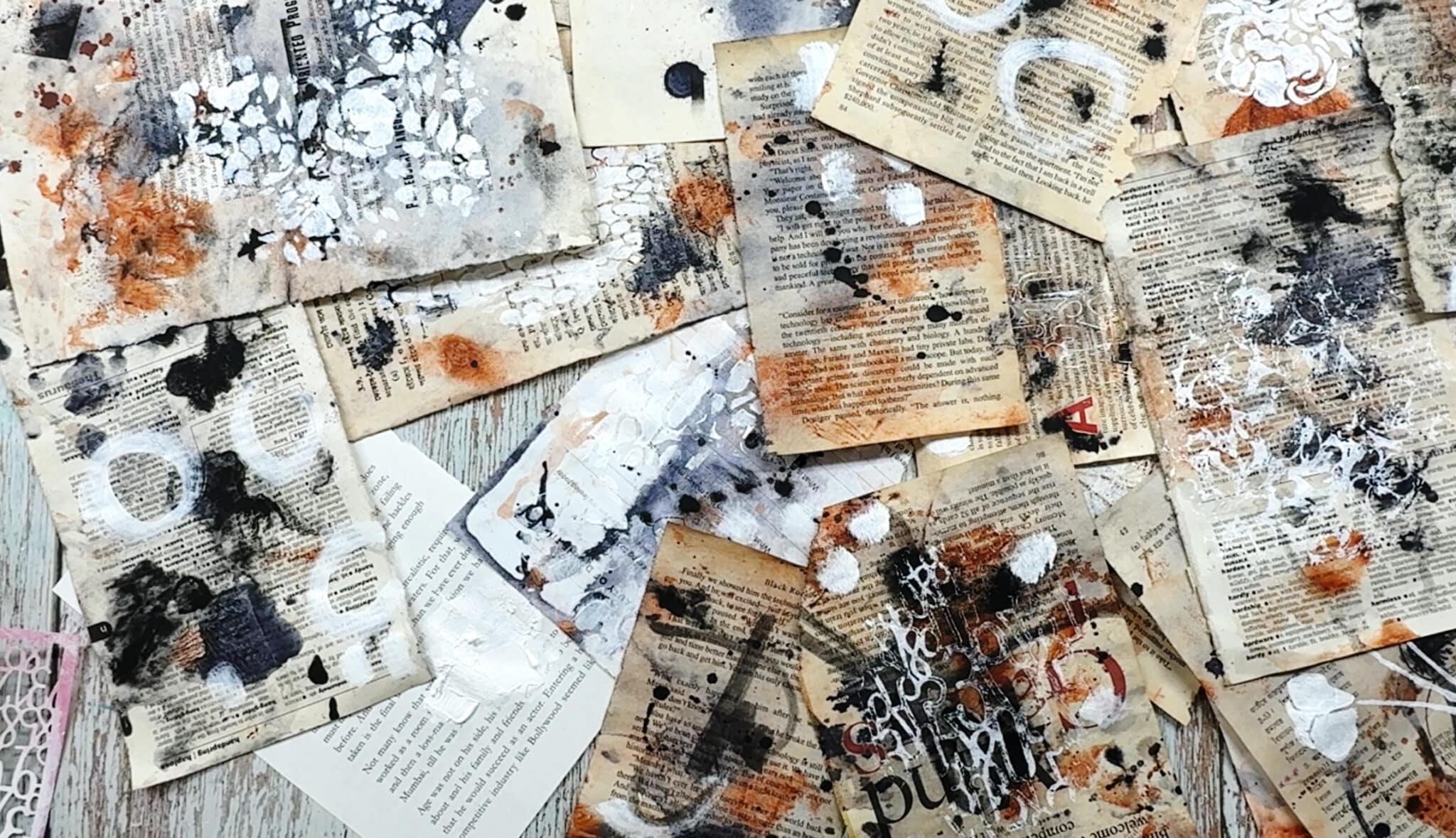 Inky Collage Papers from Old Book Pages - Acrylic Dyeing - Debasree Dey Art