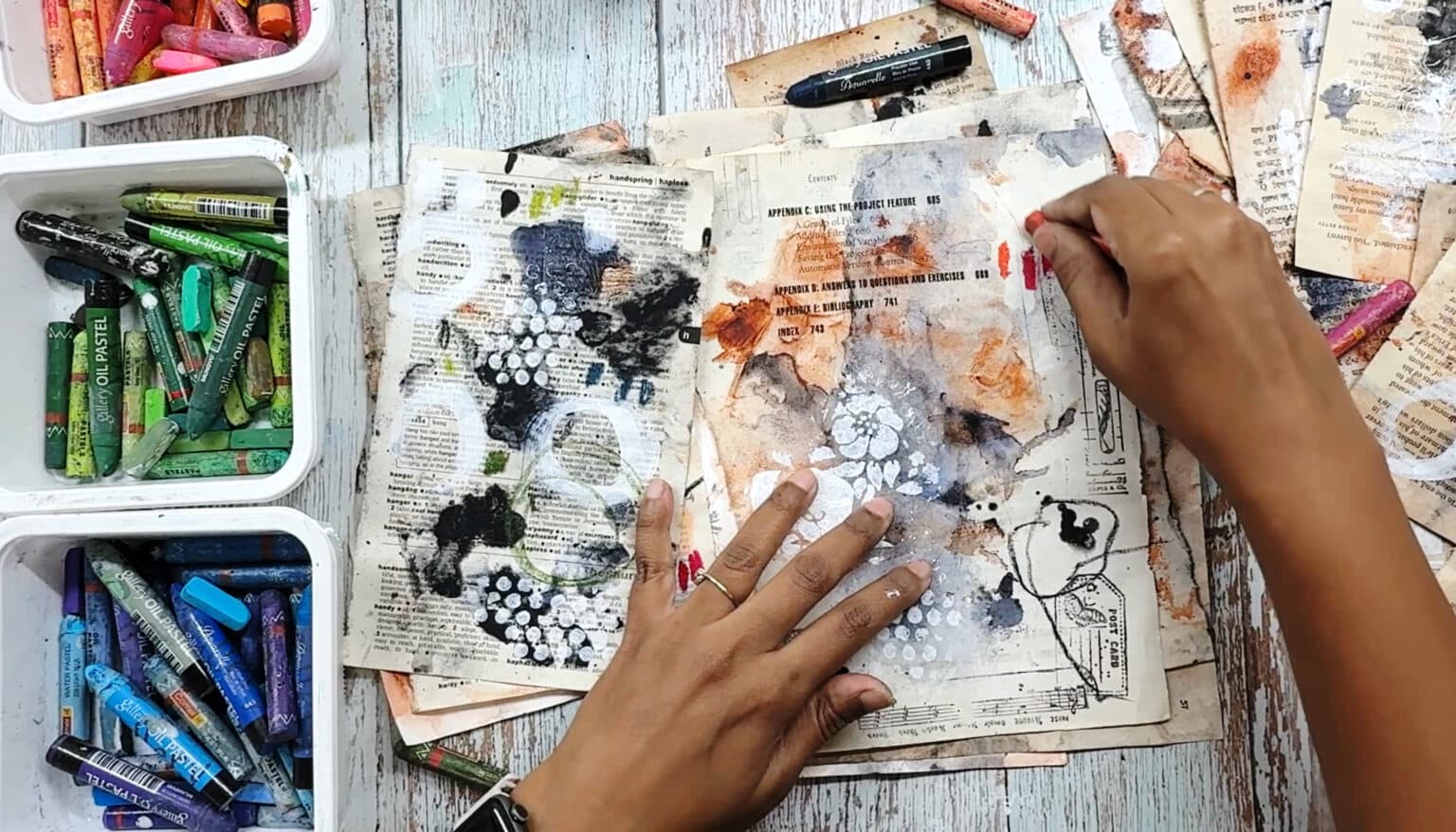 Inky Collage Papers from Old Book Pages - Acrylic Dyeing - Debasree Dey Art