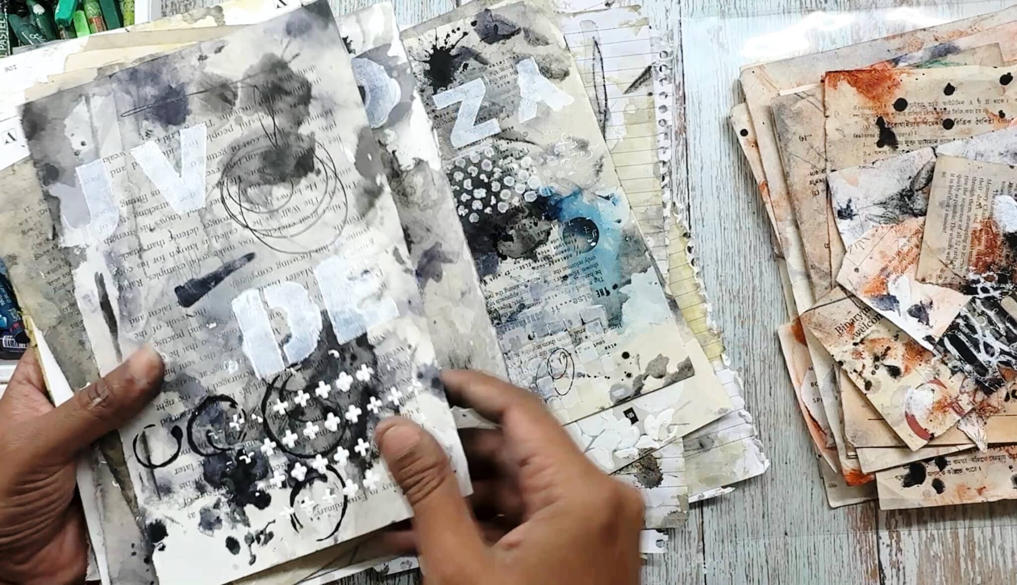 Inky Collage Papers from Old Book Pages - Acrylic Dyeing - Debasree Dey Art