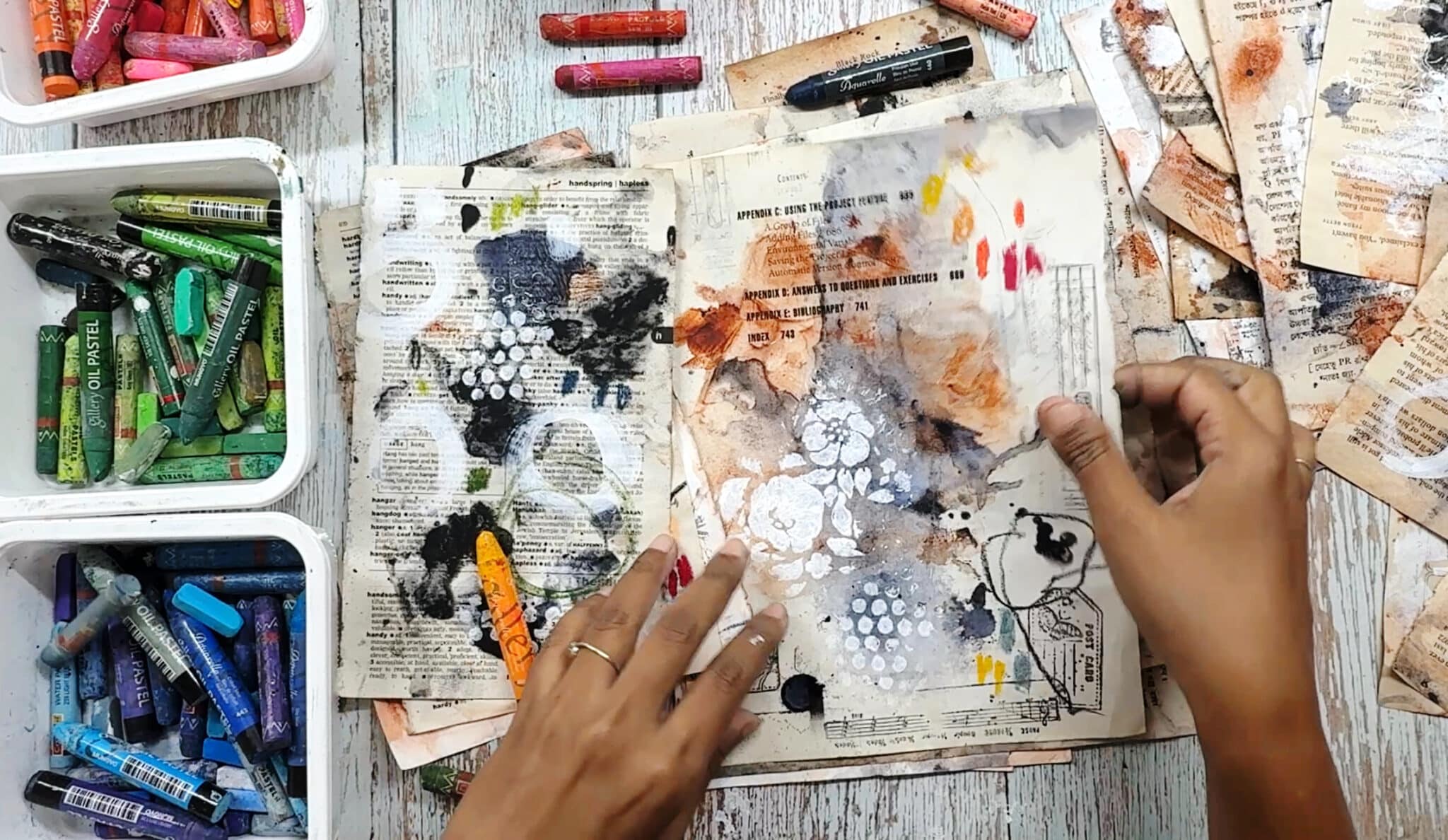 Inky Collage Papers from Old Book Pages - Acrylic Dyeing - Debasree Dey Art