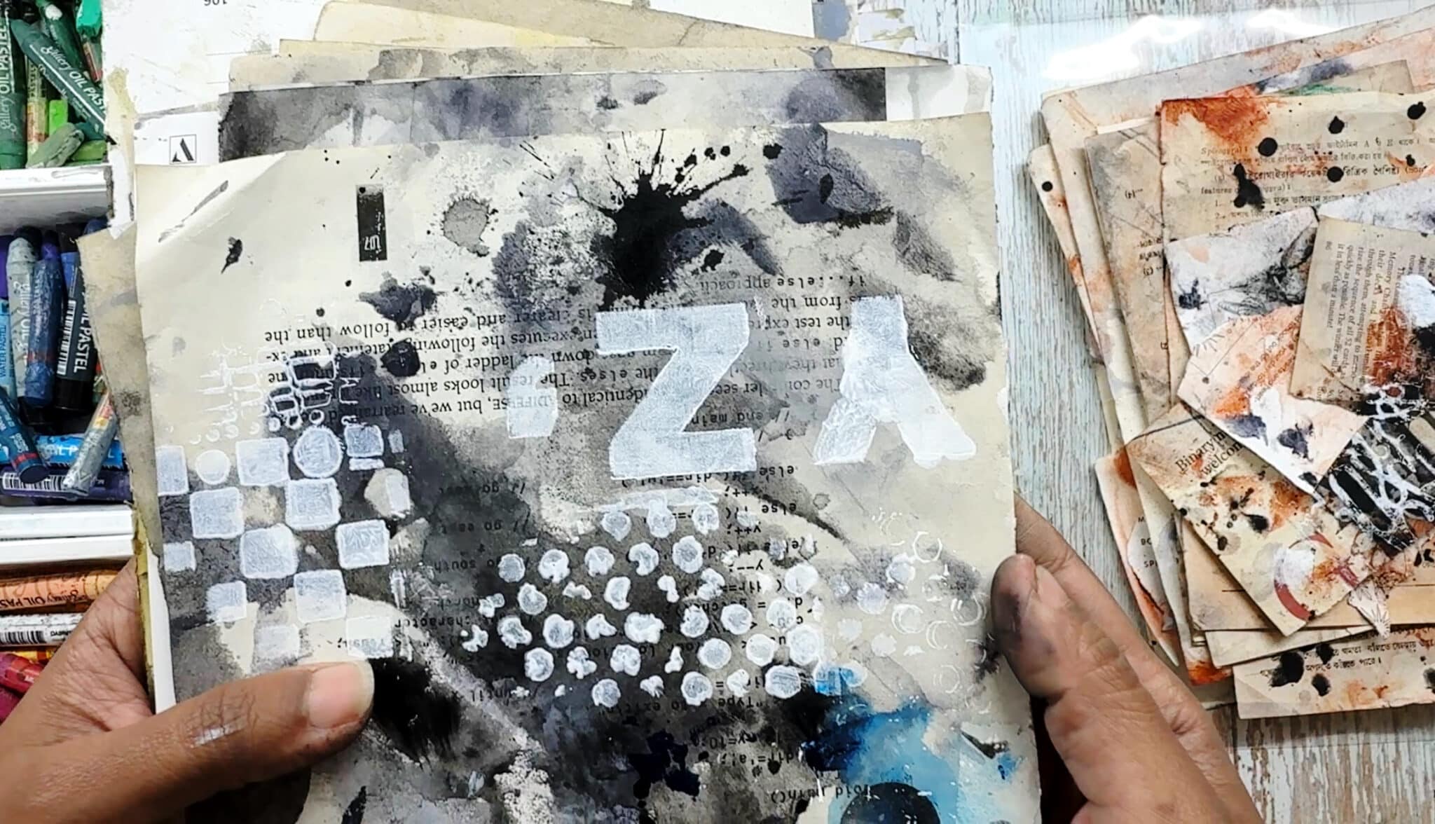 Inky Collage Papers from Old Book Pages - Acrylic Dyeing - Debasree Dey Art