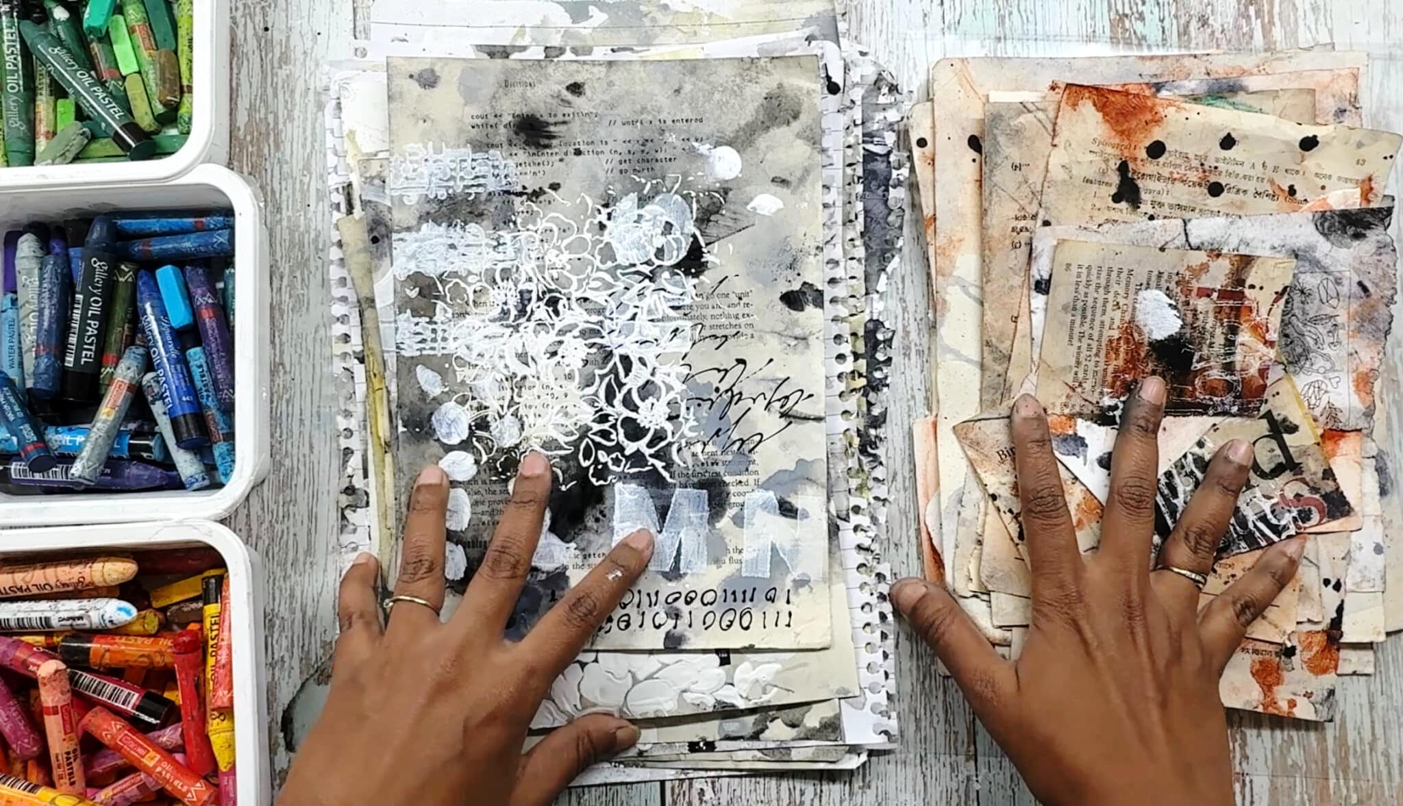 Inky Collage Papers from Old Book Pages - Acrylic Dyeing - Debasree Dey Art