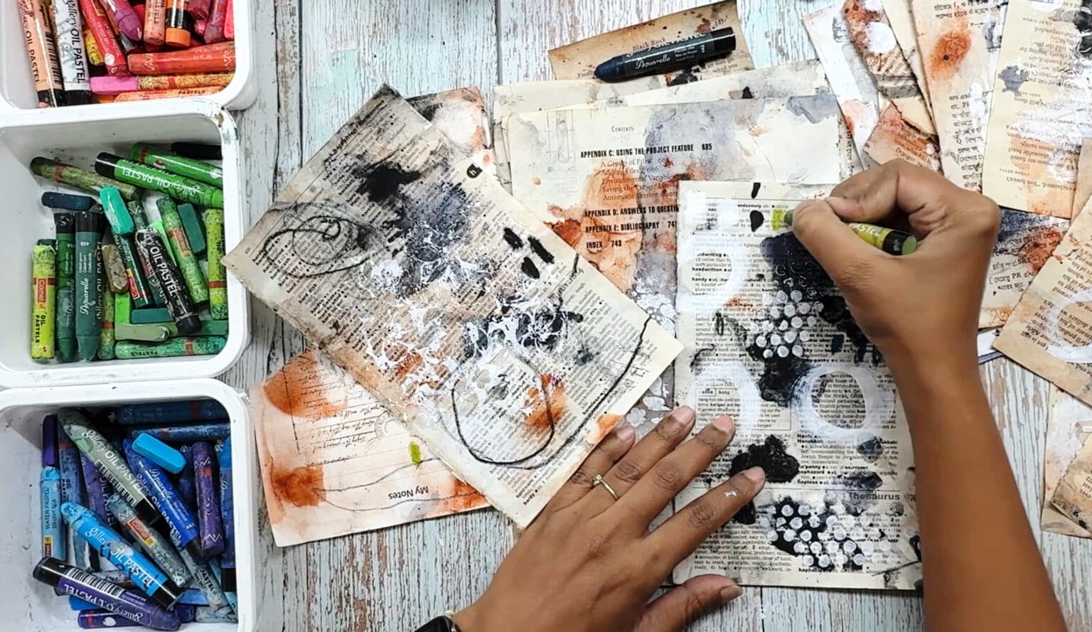 Inky Collage Papers from Old Book Pages - Acrylic Dyeing - Debasree Dey Art