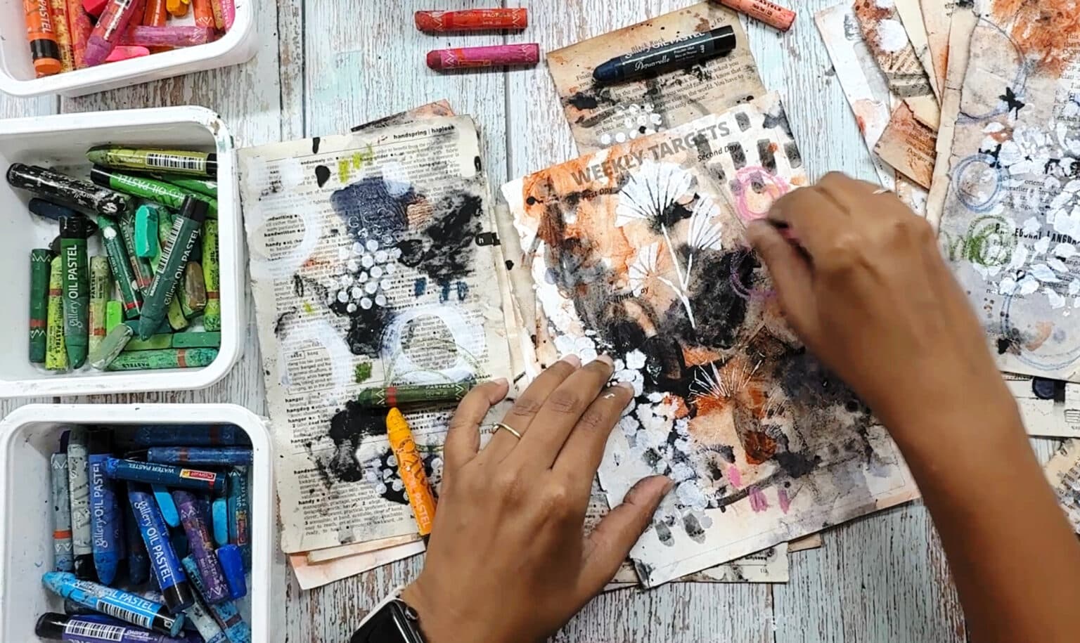 Inky Collage Papers from Old Book Pages - Acrylic Dyeing - Debasree Dey Art