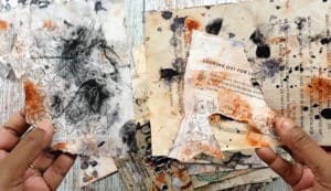 Inky Collage Papers from Old Book Pages - Acrylic Dyeing - Debasree Dey Art
