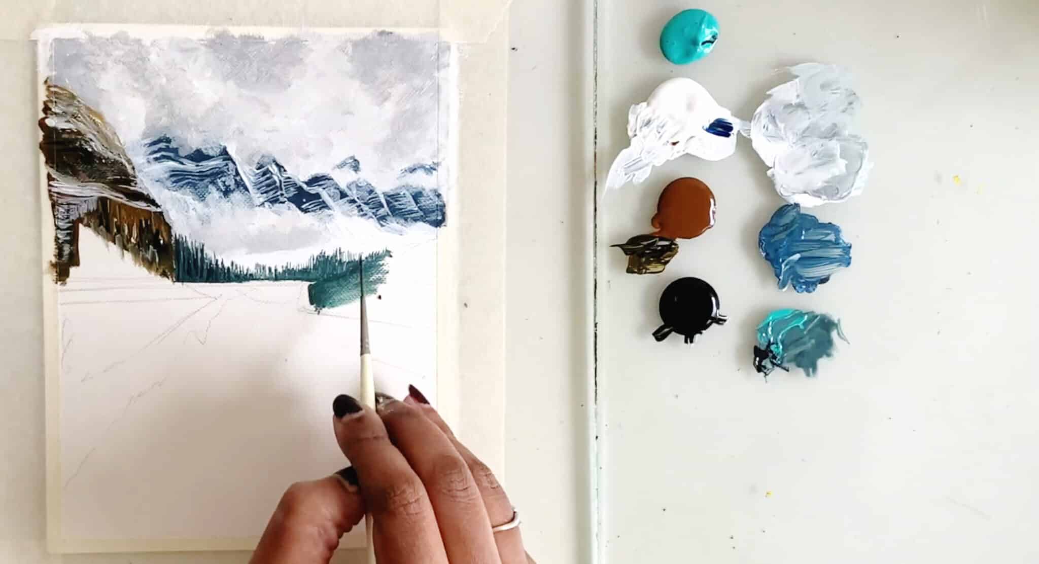 Easy Winter Landscape - Snowy Pine Trees with Mountains - Debasree Dey Art