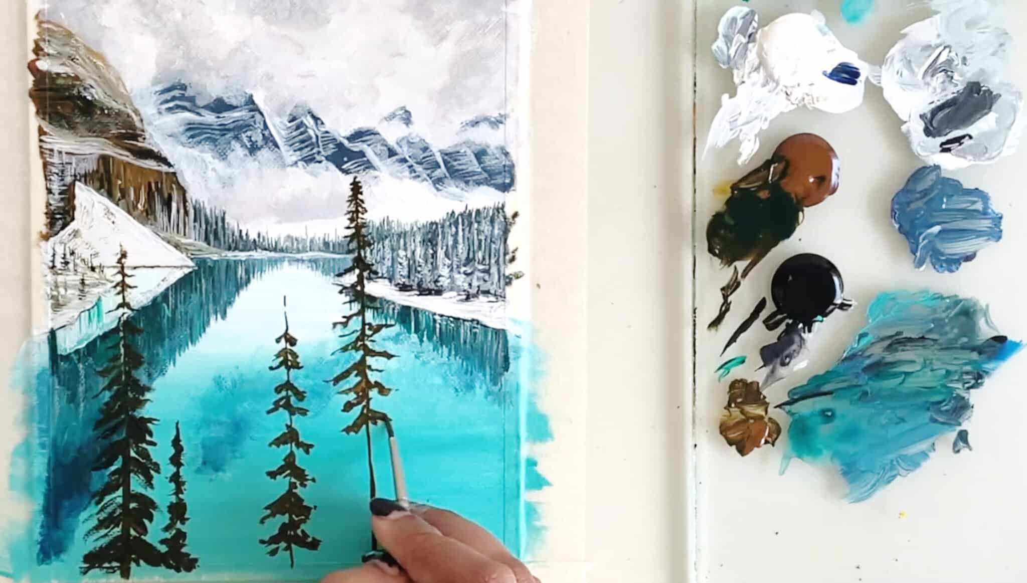 Easy Winter Landscape - Snowy Pine Trees with Mountains - Debasree Dey Art