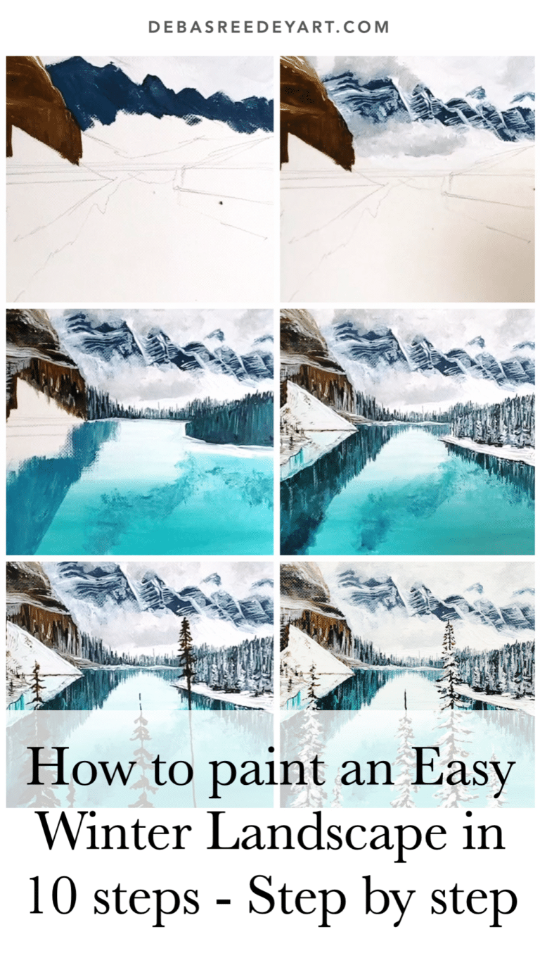 Easy Winter Landscape - Snowy Pine Trees with Mountains - Debasree Dey Art