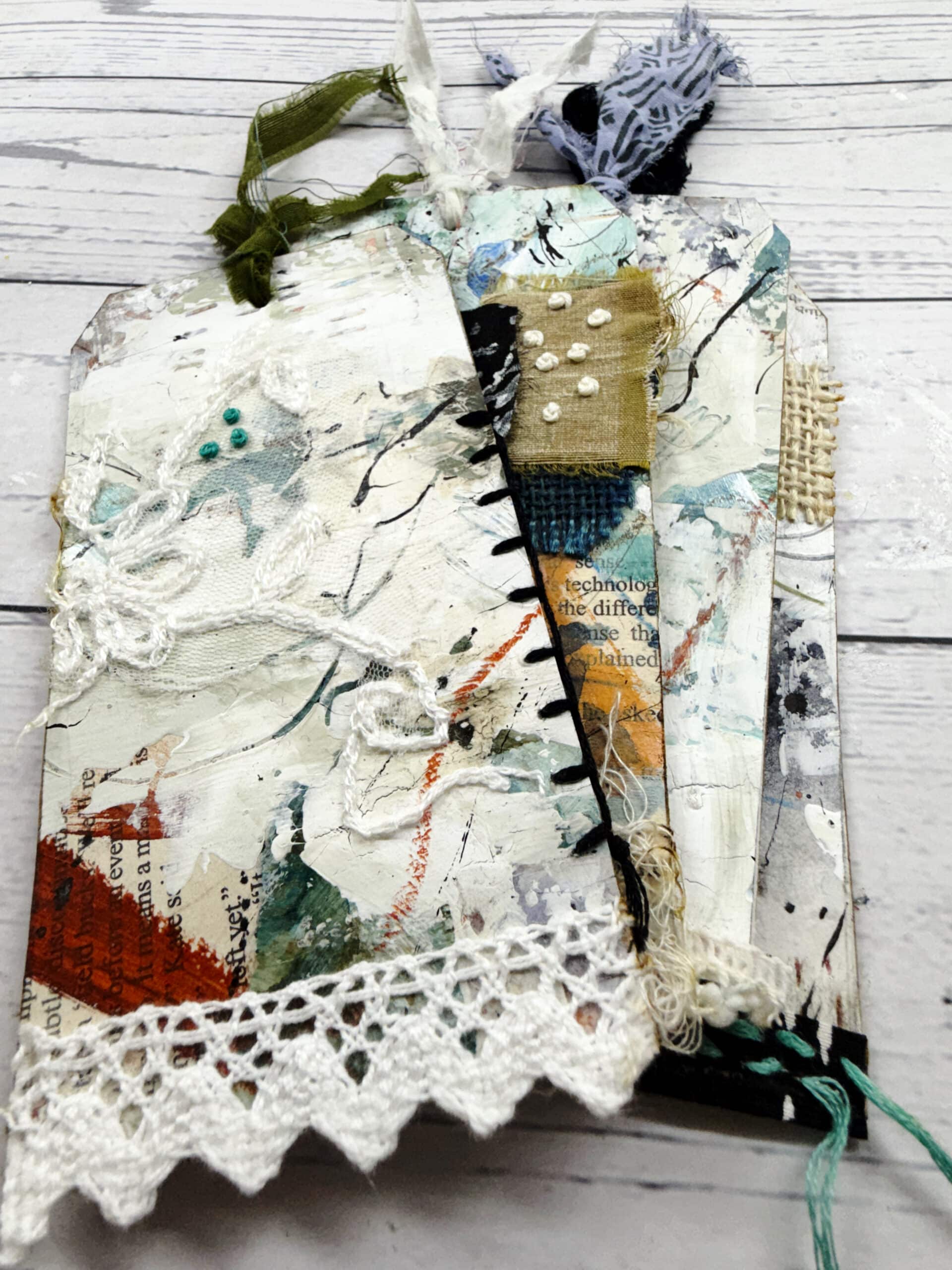 Embellishing Mixed Media Tags with Fabric and Stitching - Debasree Dey Art